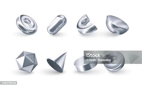 3d 크롬 그림을 설정합니다 벡터 그라데이션 기하학적 개체입니다 홀로그램 실버 도넛 실린더 콘 링 캡슐 정사면체 요소 현대적인
