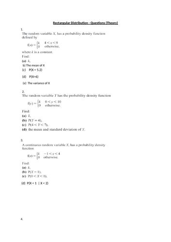 Edexcel A Level Statistics Rectangular Uniform Distribution Teaching Resources