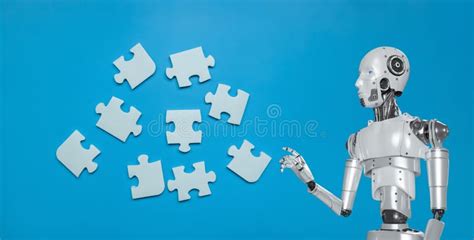 robot and puzzle pieces on blue background jigsaw puzzle with missing
