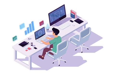 Isometric 3d Workplace With Four Sections And Businessman Programmer At Computer Stock