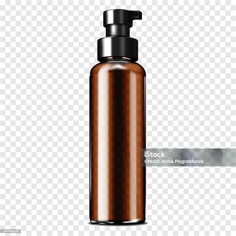 투명한 배경에 거품 질감을위한 펌프 디스펜서가있는 빈 짙은 갈색 투명 유리 또는 플라스틱 화장품 병 현실적인 모형 블랙 캡 벡터