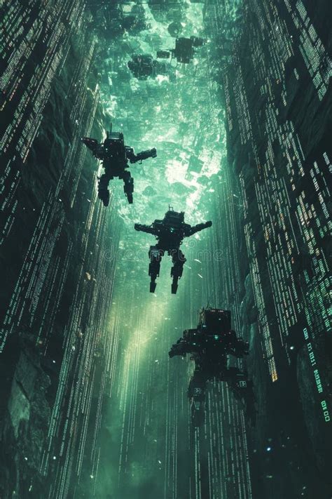 Robots Navigate A Digital Matrix With Cascading Data Streams Stock Illustration Illustration