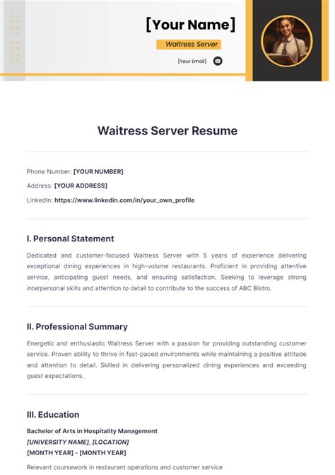 Free Waitress Server Resume Template To Edit Online