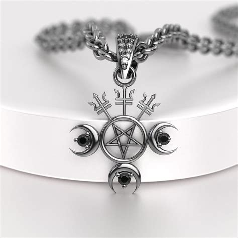 Triple Moon Goddess Necklace Sterling Silver Black Onyx Pentagram