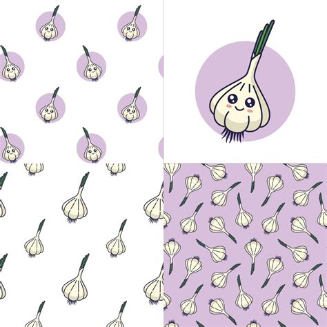 set of cute kawaii garlic patterns food vegetable flat icon cartoon