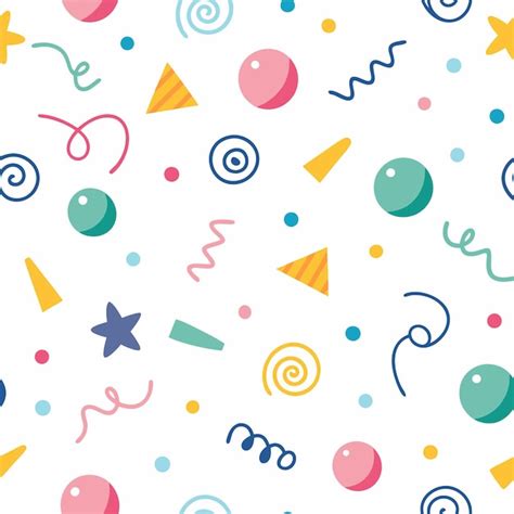 Colorful Abstract Geometric Pattern With Stars Swirls Circles Triangles And Dots On A White