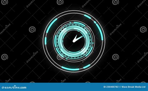 Animation Of Scope Scanning With Clock Over Black Background Stock