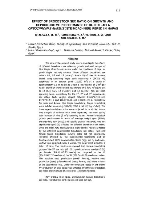 Pdf Effect Of Broodstock Sex Ratio On Growth And Reproductive Performance Of Blue Tilapia