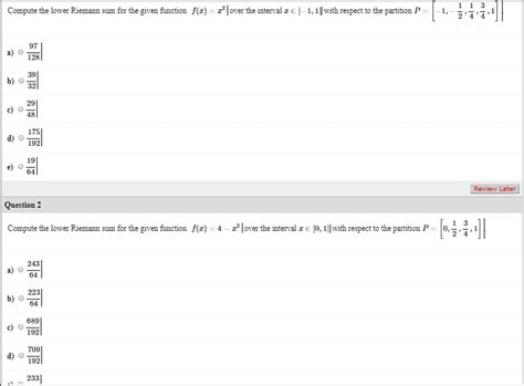 solved compute the lower riemann sum for the given function