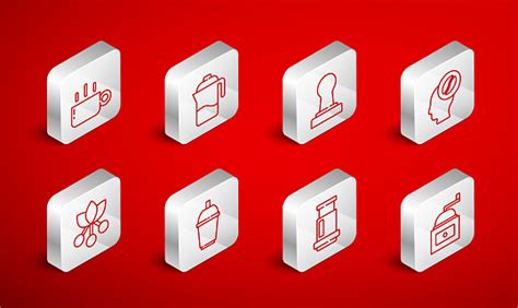 세트 라인 수동 커피 그라인더 프렌치 프레스 커피 탬퍼 바리스타 에어로 프레스 컵 이동 및 콩 분기 아이콘 벡터 3차원 형태에 대한 스톡 벡터 아트 및 기타 이미지 Istock