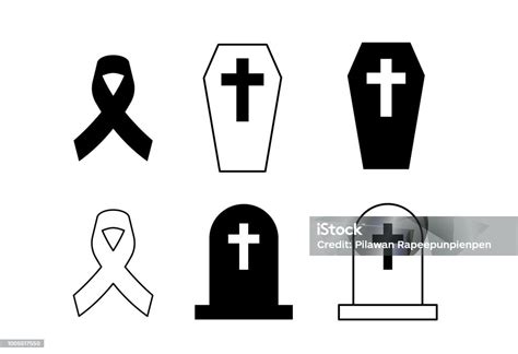 아이콘 블랙 인식 리본 십자가 무덤 흰색 바탕에 애도 기호입니다 Rip 장례식 카드 블랙 리본 배경 벡터 나비매듭에 대한 스톡 벡터 아트 및 기타 이미지 Istock