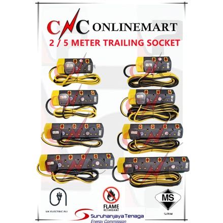 READY STOCK 2 3 4 5 GANG Extension Trailing SOCKET OUTLET C W 2 METER 5 METER WITH Surge