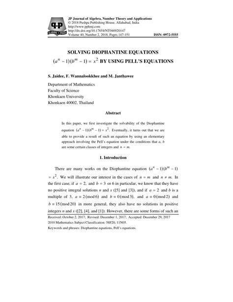 Pdf Solving Diophantine Equations An 1bm 1 X2 By Using Pells Equations
