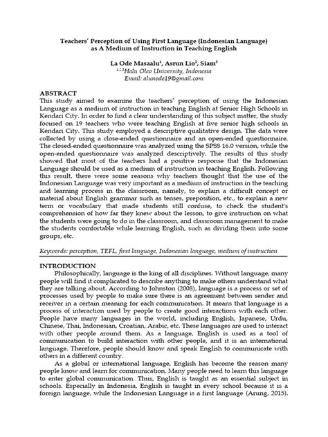 Teachers Perception Of Using First Language Indonesian Language As A Medium Of Instruction In
