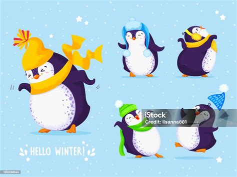 귀여운 춤 펭귄의 벡터 세트 다른 겨울 모자와 다양한 포즈 눈송이와 별과 푸른 블랙 그라운드 안녕하세요 겨울 Hello Winter Saying에 대한 스톡 벡터 아트