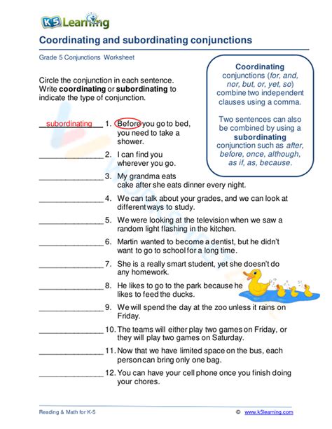 Coordinating And Subordinating Conjunctions Worksheet Subordinating