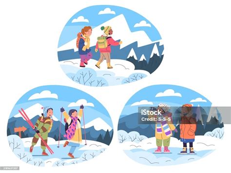 어린이 겨울 하이킹 어린이 친구 탐험 눈 추운 날씨 어린이 등산객 여행 모험 어린이 등산 캠프 산 자연 여행 소년 소녀 따뜻한 옷 고급 벡터 일러스트 레이 션 아이에 대한