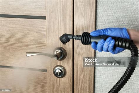 증기 발생기와 도어 핸들을 청소 블루 글러브에 손으로 증기 유전자 처리기와 브러시호스를 보유하고 이는 미생물 먼지 및