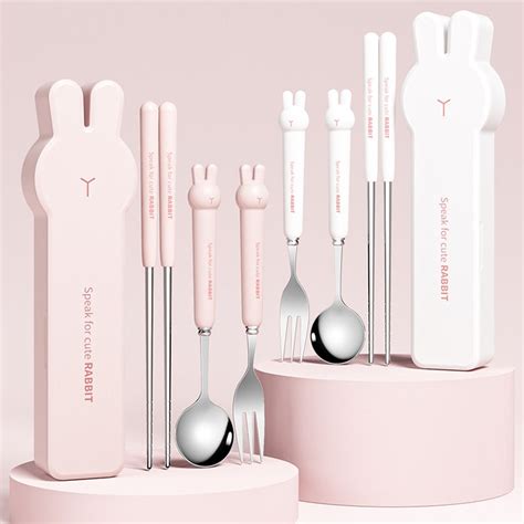 귀여운 토끼 수저 세트 스테인레스 스틸 포크 스푼 젓가락 보관함 포함 식기류 식기류 은식기 도시락 액세서리 Aliexpress