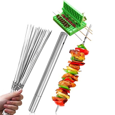 스테인레스 스틸 바베큐 꼬치 재사용 가능한 그릴 꼬치 주방 바베큐 캠핑 액세서리 실내 야외 숯불 그릴 도구 티몬