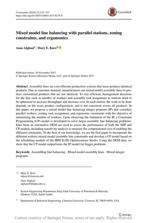 Mixed Model Line Balancing With Parallel Stations Zoning Constraints