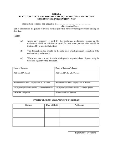 Form A Statutory Declaration Of Assets Liabilities And Income Pdf Insurance Investing