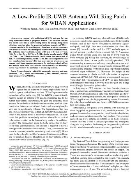Pdf A Low Profile Ir Uwb Antenna With Ring Patch For Wban Applications