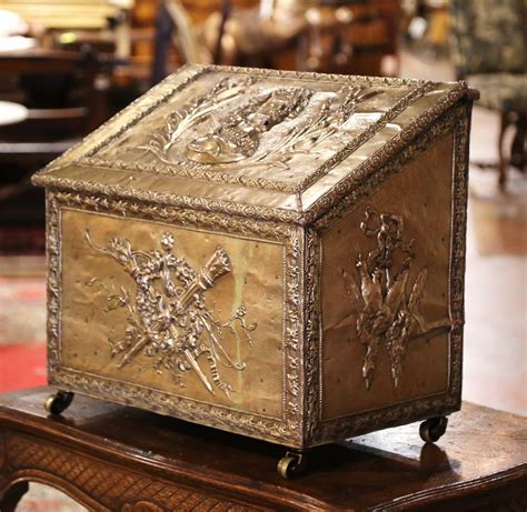 19th Century French Repousse Brass Clad Coal Bin On Casters With Hunt