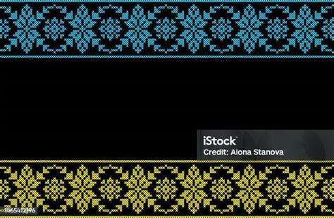 우크라이나어 벡터 배경 배너 포스터 전통 민속 민족 장식 노란색과 파란색 우크라이나 국기 색상의 테두리 픽셀 아트 비쉬반카 크로스 스티치 0명에 대한 스톡 벡터 아트 및