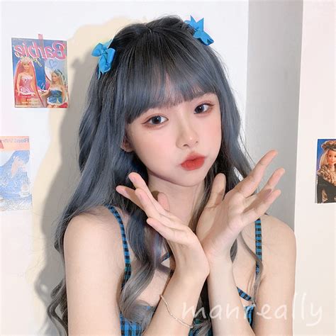 漫真假发大波浪lolita灰蓝色渐变女jk长卷发仿真全头套式 虎窝淘