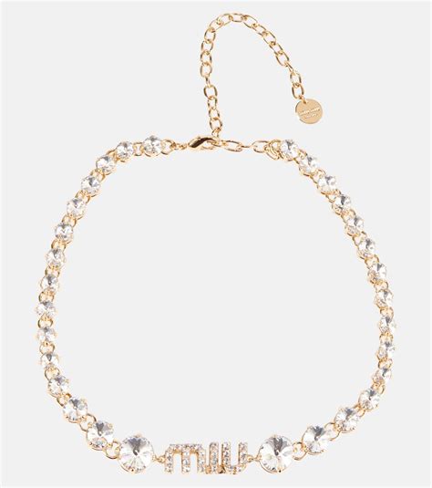 Logo Crystal Embellished Necklace In Silver Miu Miu Mytheresa