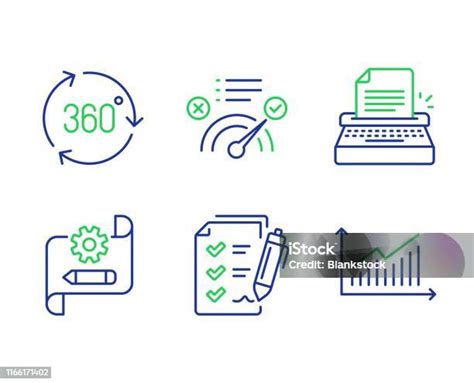 360도 설문조사 체크리스트 및 정답 아이콘 세트 톱니바퀴 청사진 타자기 및 그래프 표지판 벡터 가득 찬에 대한 스톡 벡터 아트