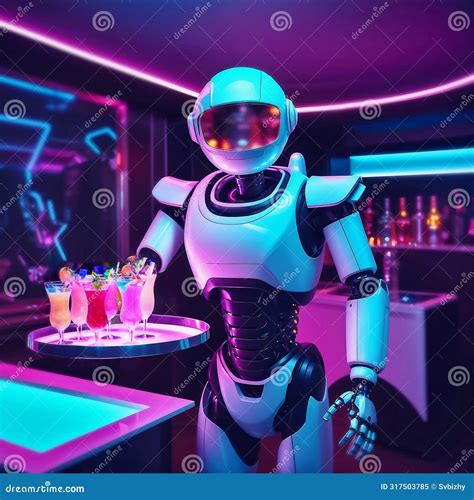 robot humanoid astronaut bartender serves drinks cocktails champagne alcohol drinks stock