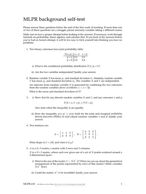 Machine Learning And Pattern Recognition Background Selftest Pdf Random Variable Matrix
