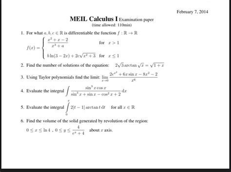 Calculus 1 Exam From 2014 For Aerospace Mechatronics And Power