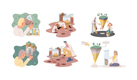 토양 분석 및 지구 오염 또는 구조 제어 지상 상태 은유를 측정하는 과학자 곤충에 대한 스톡 벡터 아트 및 기타 이미지 곤충