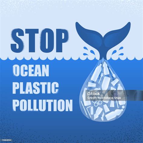 해양 플라스틱 오염을 중지 합니다 텍스트와 생태 포스터입니다 고래의 꼬리와 파란색 배경에 플라스틱 병 및 쓰레기가 있는 가방 플라스틱 문제입니다 고래에 대한 스톡 벡터 아트