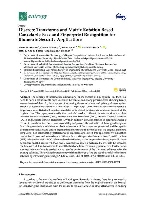pdf discrete transforms and matrix rotation based cancelable face and fingerprint recognition