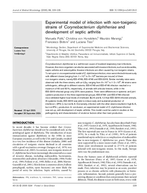 Pdf Experimental Model Of Infection With Non Toxigenic Strains Of Corynebacterium Diphtheriae
