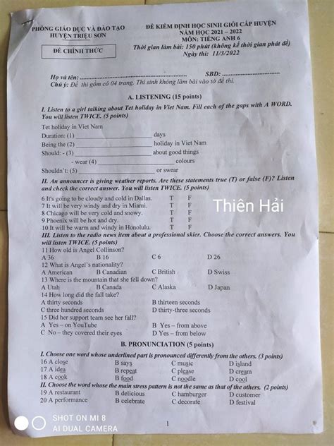 Bộ đề thi học sinh giỏi tiếng anh lớp 6 có đáp án, file nghe và pdf