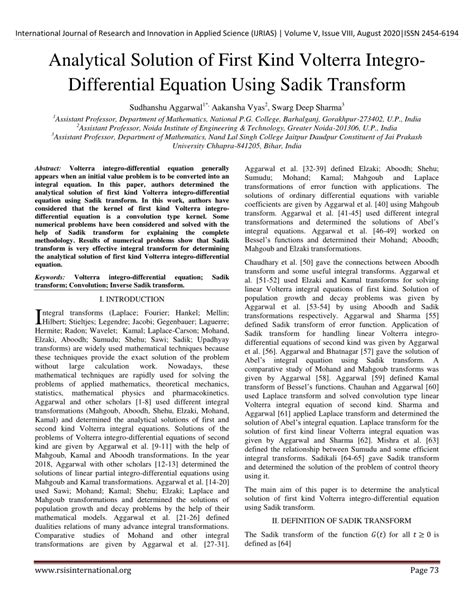 Pdf Analytical Solution Of First Kind Volterra Integro Differential Equation Using Sadik