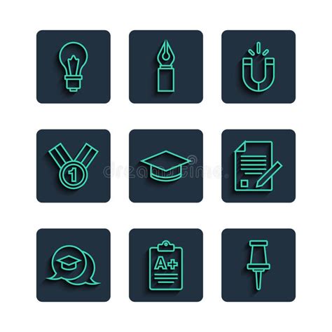 Set Line Graduation Cap In Speech Bubble Exam Sheet With A Plus Grade