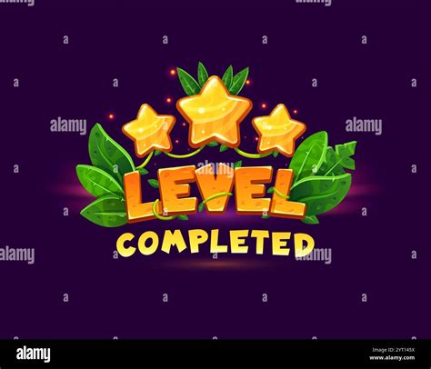 Level Complete Game Asset Icon Level Up Badge With Golden Stars Green Leaves And Vines Ui Or