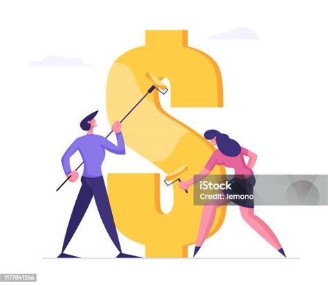 재정적 독립 자본 과 부의 개념의 창조 롤러와 사업가 골드 염료와 함께 거 대 한 달러 기호 그림 이익 절약 및 증가 돈 만화