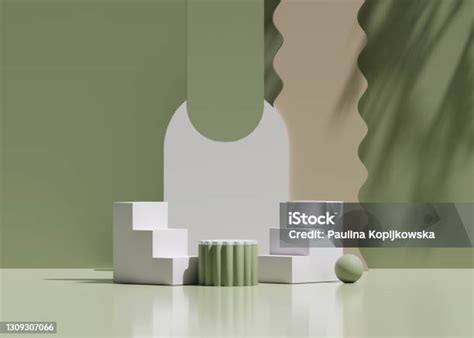 3d 포디움 디스플레이 파스텔 녹색 배경 단계 및 기하학적 모양 네이처 팜 섀도우 미니멀 뷰티 제품 프리젠 테이션 흰색과 베이지
