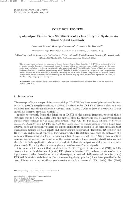 PDF Inputoutput Finite Time Stabilisation Of A Class Of Hybrid Systems Via Static Output Feedback