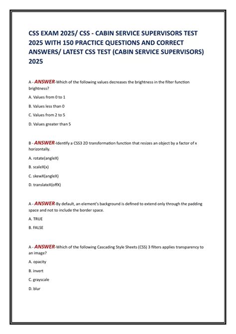 Css Exam 2025 Css Cabin Service Supervisors Test 2025 With 150 Practice Questions And Correct