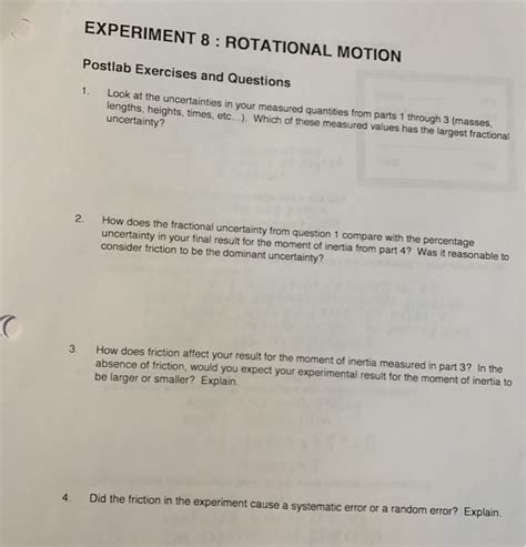 solved experiment 8 rotational motion postlab exercises and