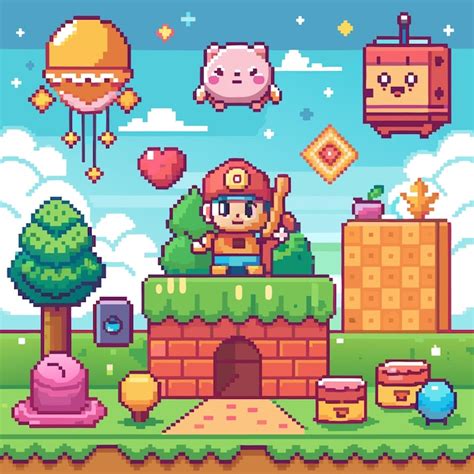 Pixelated Landscape With A Character Holding A Stick Trees Brick Buildings A House And A Blue