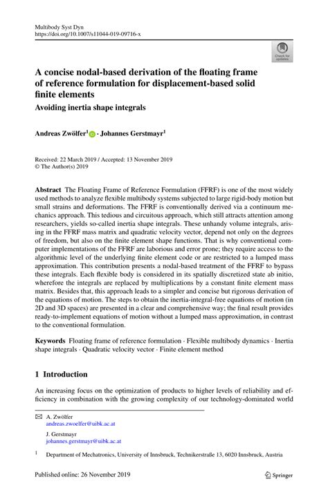 Pdf A Concise Nodal Based Derivation Of The Floating Frame Of Reference Formulation For